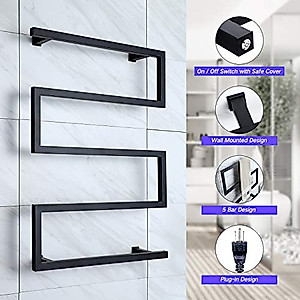 BERGOTO Towel Warmer Rack 5 Bar Stainless Steel Space Saving Plug-in Wall Mounted Cloth Towel Heated Drying Rack for Home Bathroom (Black)