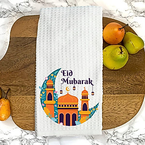 Savvy Sisters Gifts Eid Muburak Dish Towel, Ramadan, Towel Waffle Weave Party Gift, House Warming Gift Mom Sister Grandmother (16x24)