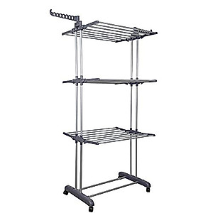 YOUUD Clothes Drying Rack 3-Tiers with Retractable Trays, Collapsible Shelves, Rolling and Base with Casters, Stainless Laundry Dryer Indoor/Outdoor Standing Rack