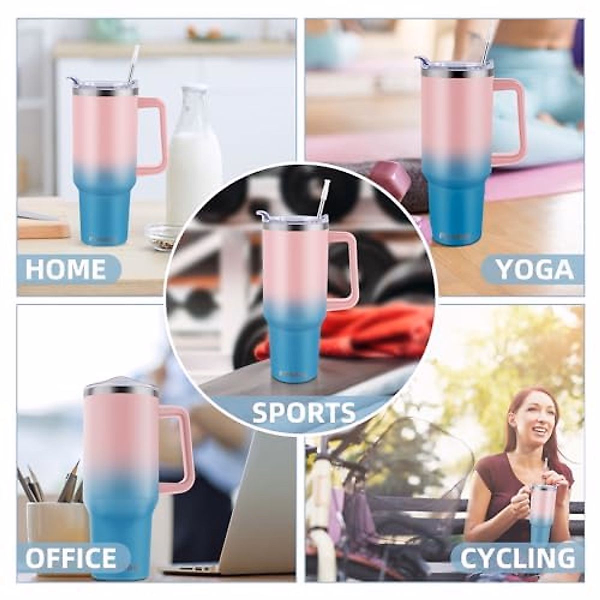 40 oz Tumbler with Handle and Straw Lid, 100% Leak Proof Cup Tumblers, Stainless Steel Insulated Travel Coffee Mug, Keeps Drinks Cold for 24 Hours or Hot for 10 Hours, Cupholder Friendly, PinkBlue