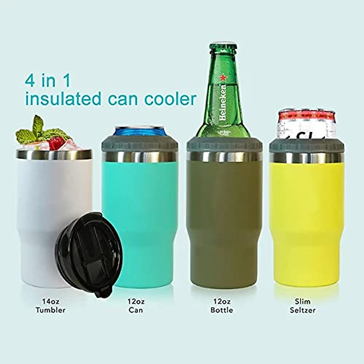 Gteller 4 in 1 Stainless Steel Can/Bottle Insulator, 14oz Two-Way Lids SUS Insulated Can Cooler, Beer Bottle holder (Black)