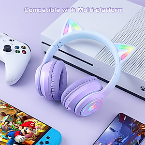 Bluetooth Cat Ear Headphones for Kids & Adults, Wireless & Wired Mode Foldable Headset with Mic - Clear Sound Quality - RGB LED Light, for Girls School Gaming, for Phone/Laptop/PC/Tablet, Purple