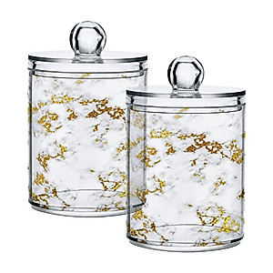 xigua Gold Marble Qtip Holder 4 Pack, 14 oz Apothecary Jars Bathroom Vanity Organizer Canister for Qtips,Cotton Swabs,Cotton Balls,Cosmetic Pads,Flossers,Bath Salts