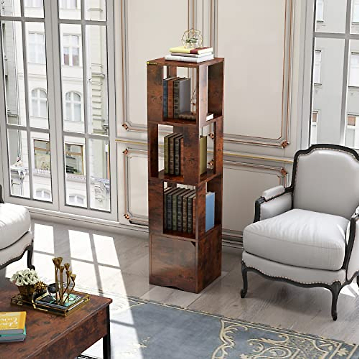 MIN WIN 4-Tier Storage Shelf Unit with Cabinet,Modern Bookcase Storage Cabinet Bookshelf, Tall Retro Wooden Book Shelf Free Standing Floor Cabinet for Small Spaces Home Office Corner Storage,Antique