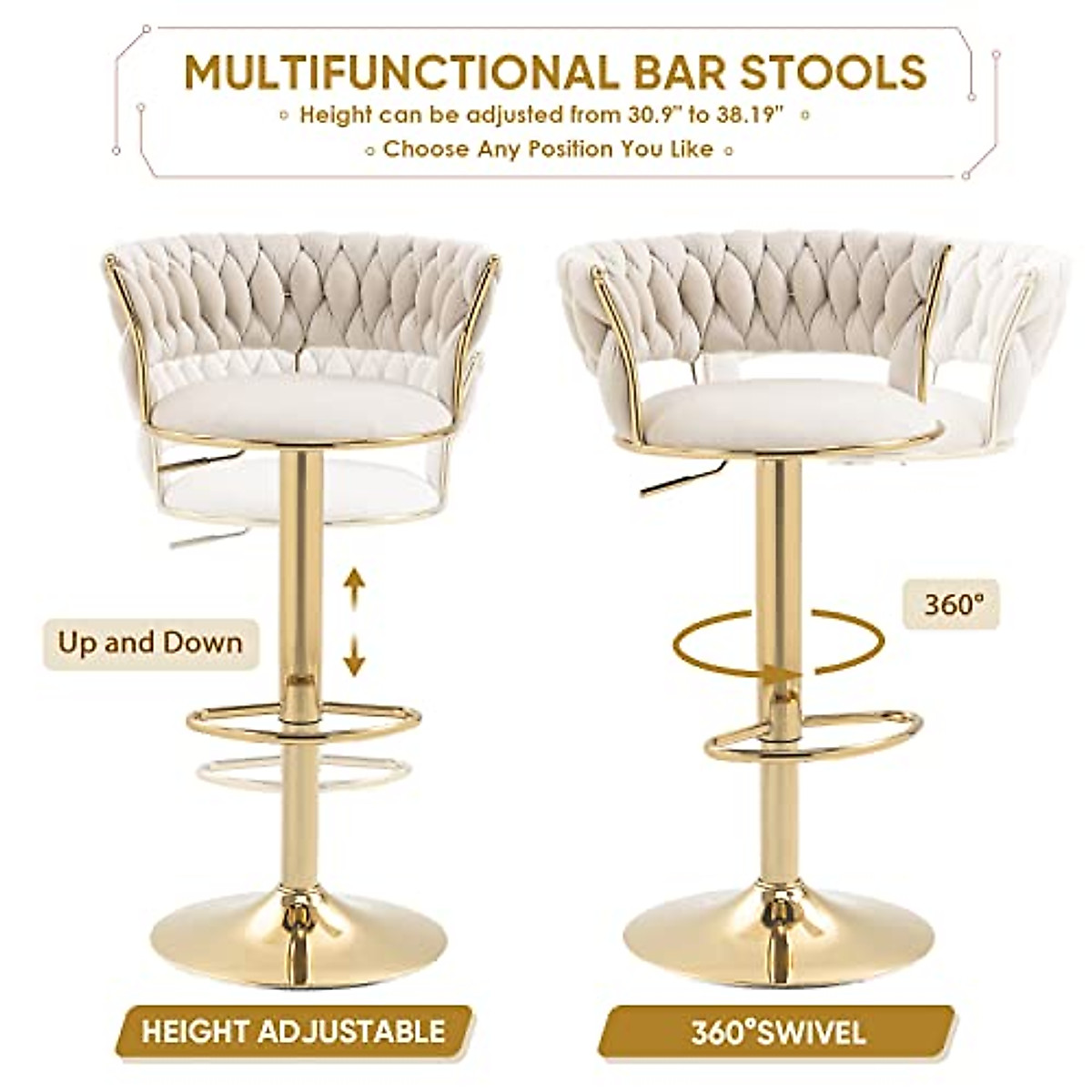 KINFFICT Velvet Swivel Bar Stools Set of 2, Adjustable Counter Height Bar Stool with Woven Back, Upholstered Kitchen Dining Chairs, Modern Barstools for Kitchen Island, Cafe, Pub, Bar Counter(Ivory)