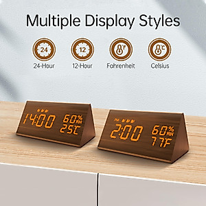 JALL Digital Alarm Clock, with Wooden Electronic LED Time Display, 3 Alarm Settings, Humidity & Temperature Detect, Wood Made Electric Clocks for Bedroom, Bedside (Brown)
