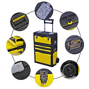 YGCBL Multifunction Portable Hand Trucks,Trolleytool Trolley Cart 3-Tier Drawer Type Organizer Multifunction Combined Pull Rod Toolbox, Bearing 80Kg, 520X320X730Mm,Black+Yellow