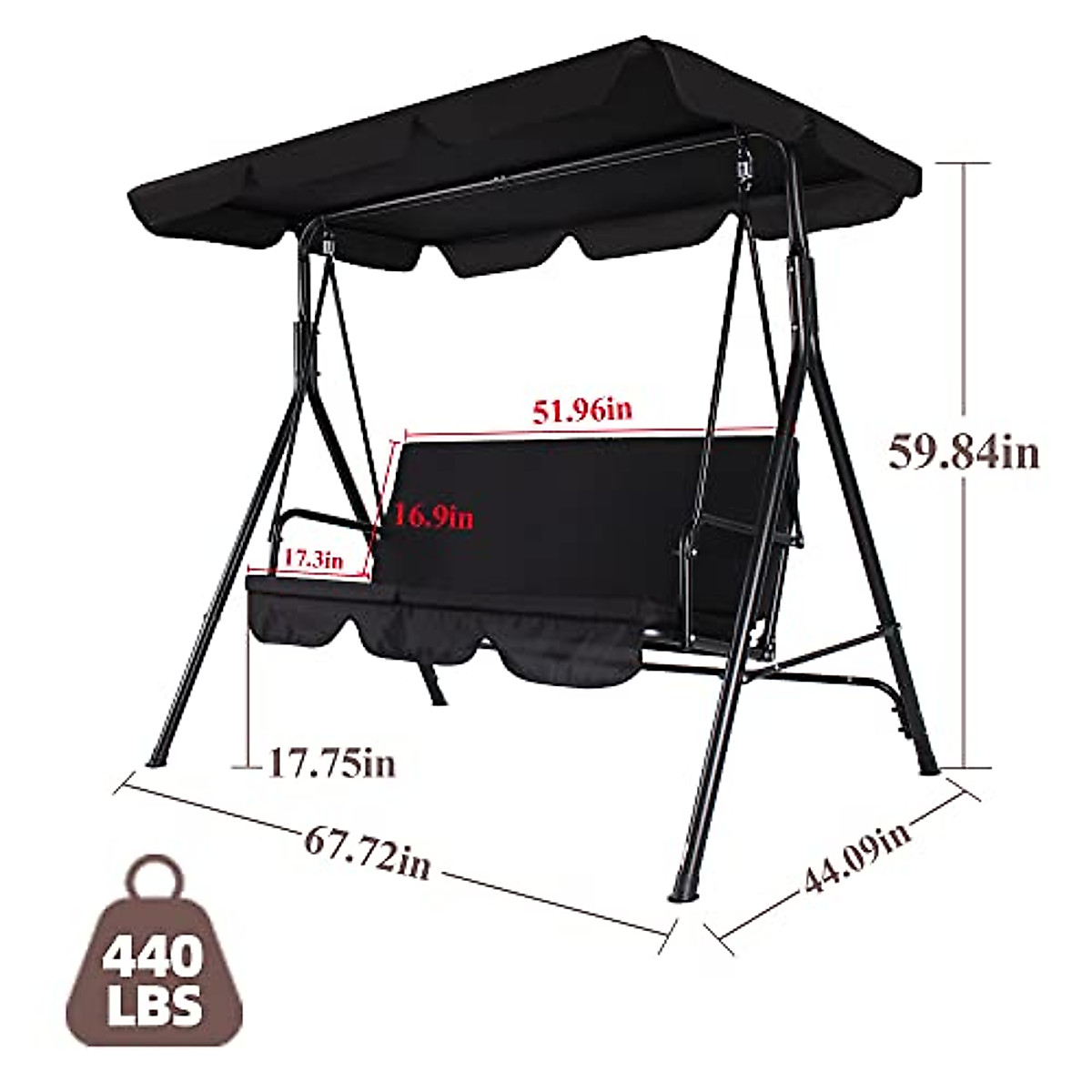 COVERONICS 3-Person Porch Swing Chair, Patio Swing Chair with Adjustable Canopy Outdoor Swing with Steel Frame for Yard, Lawn, Garden, Pool (Black)