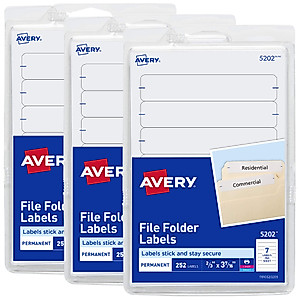 Avery Easy Peel File Folder Labels on 4" x 6" Sheets, 2/3" x 3-7/16", White, 3 Pack, 756 Labels Total (32131)