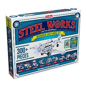 Schylling Steel Works Mechanical Multi-Model - Steel Building Set - Includes 300 Pieces, Tools, and Instructions to Make 10 Different Models - Ages 8 and Up