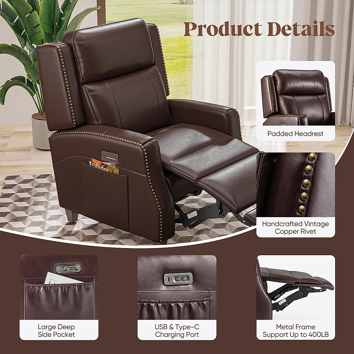 BMBMT Recliner Chair Genuine Leather 90-136°Comfy Backrest Cushion with High Elastic Sponge, Power Recliner Chair for Living Room, Home Theater, Bedroom, Office - Dark Brown