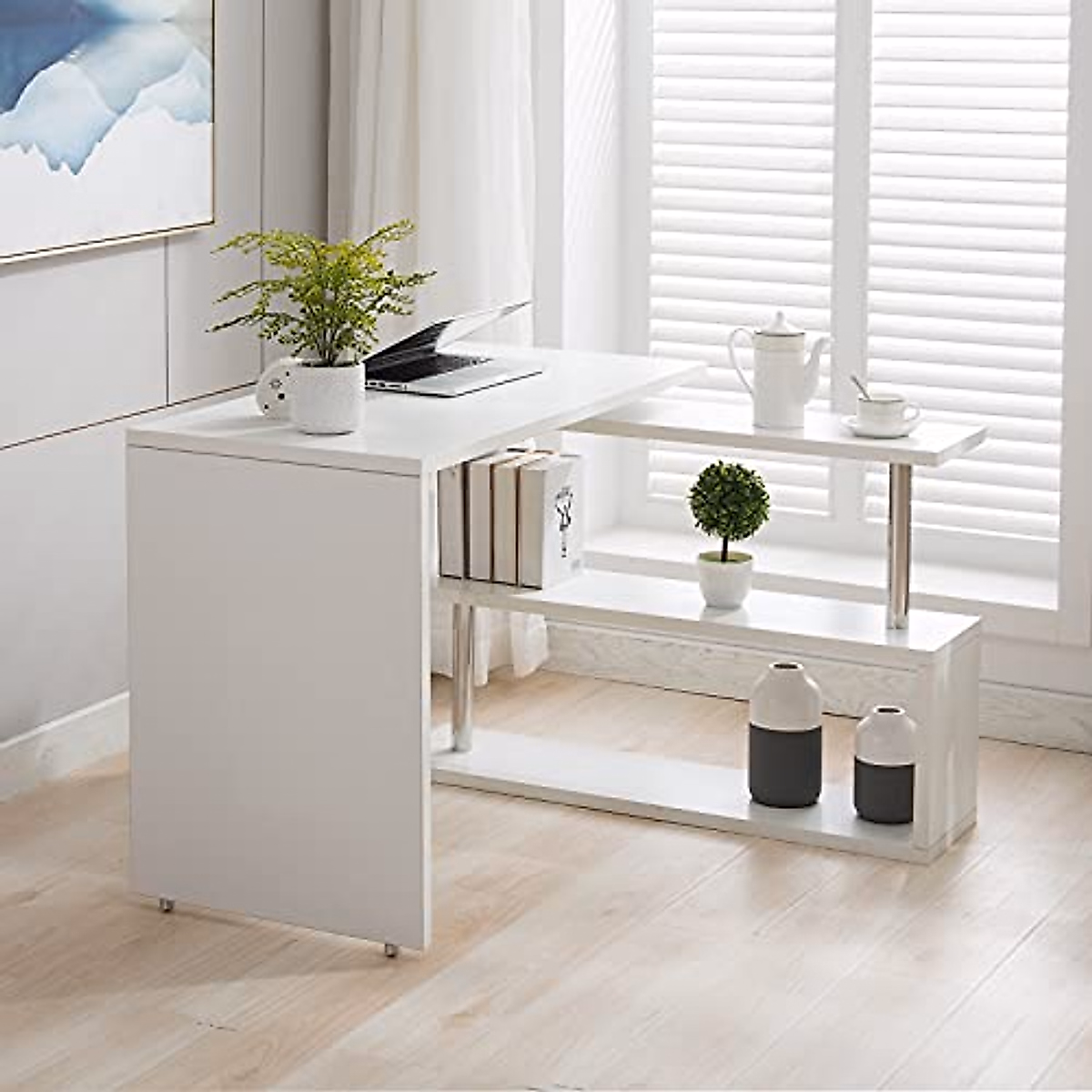 MJWDP L-Shaped Corner Computer Desk PC Laptop Table Study Workstation with 2-Tier 360 Degree Rotatable Storage Shelf White
