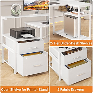 Aheaplus L Shaped Desk with File Drawer, Reversible L Shaped Computer Desk Gaming Desk with Power Outlet & LED Strip, Home Office Desk with Monitor Shelf, Corner Desk with Storage Shelves, White