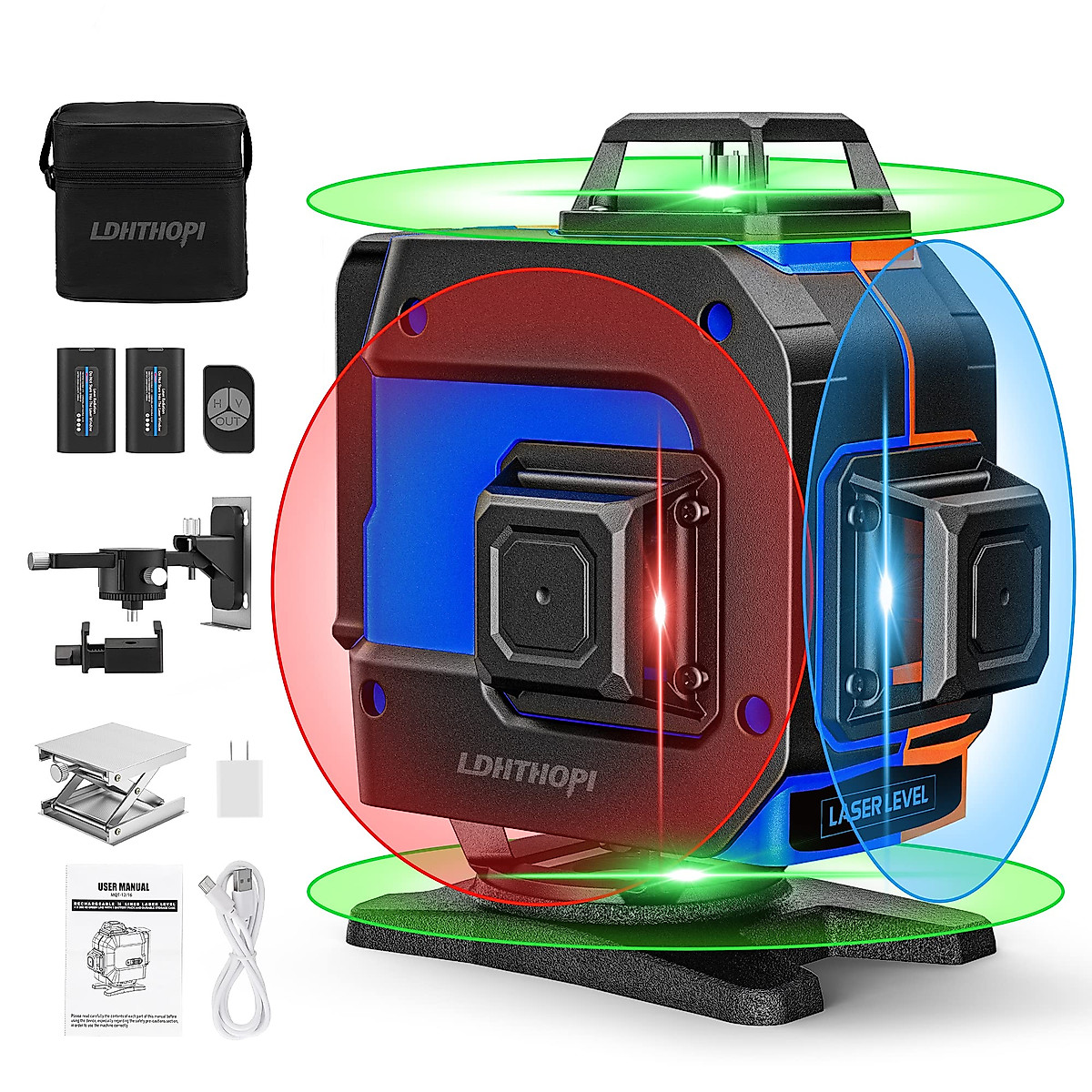 LDHTHOPI 4D 200FT Laser Level, Red/Green/Blue 3 Color laser level 360 self leveling, 16 Cross Line Laser with 2 Rechargeable Batteries for Ceiling, Floor, Construction and Picture Hanging