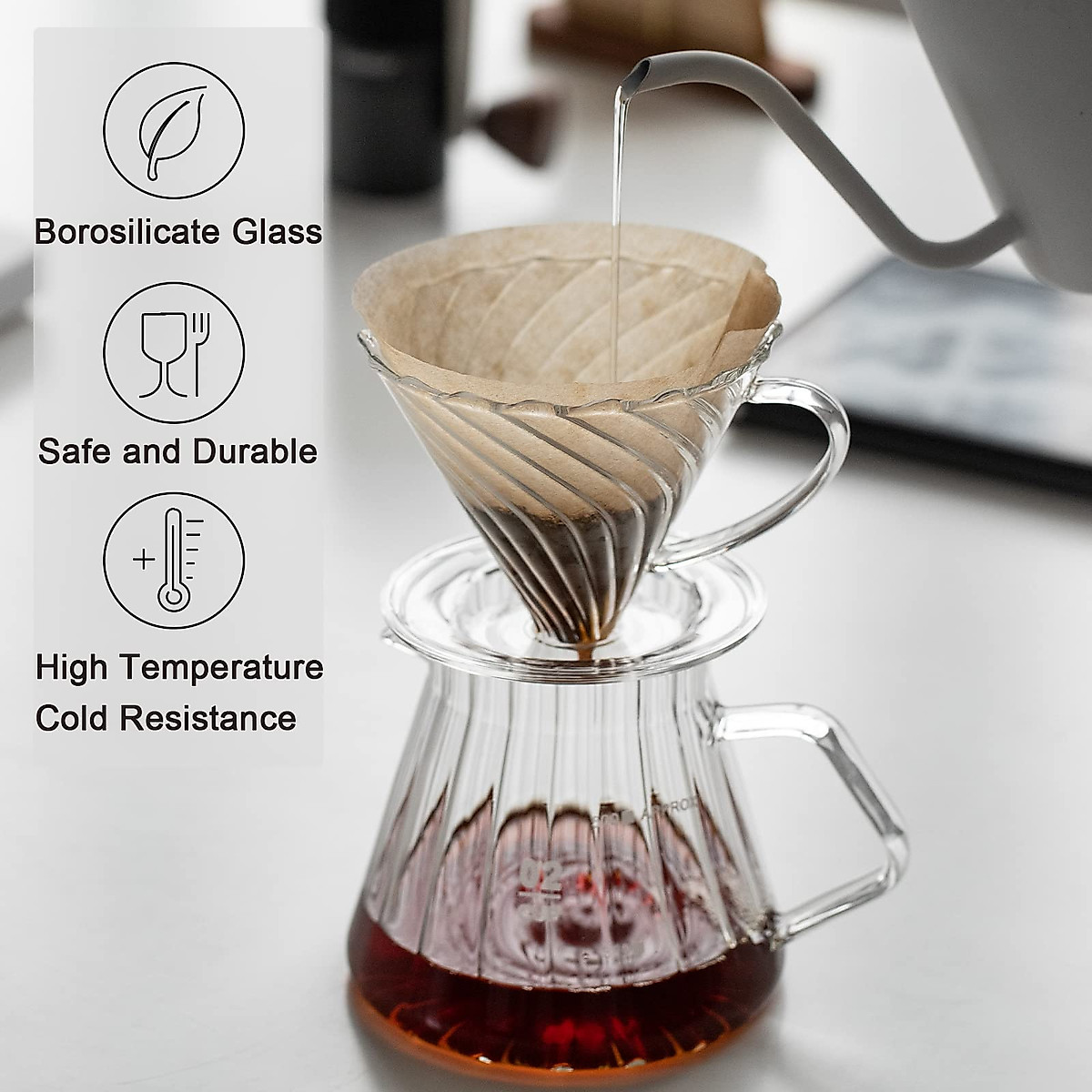 Vandroop Coffee Dripper, Resuable Pour Over Coffee Maker With Handle, Slow Brewing Coffee Pour Over for Cafe, Travel, Home&Offices, Single Cup Coffee Pour Over, 02 (Borosilicate Glass, 1-4 Cups)