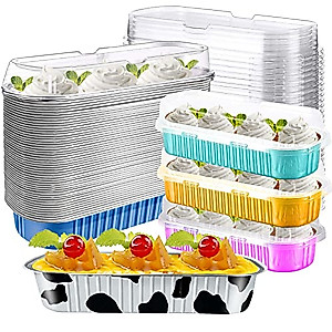 JOYKLE Mini Cake Pans with Lids,50 Pack Mini Loaf Baking Pans and Lids Covers,Aluminum Foil Long Baking Cups,Disposable Foil Cupcake Liners for Brownie Cake Bread Loaf Muffin (Multi)