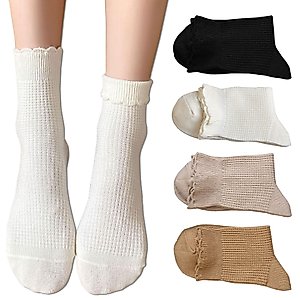 zrylibya Women Cute Ruffle Frilly Turn Cuff Ankle Socks Scalloped Pointelle Solid Casual Crew Socks 4 Pairs (Black,White,Khaki,Yellow)