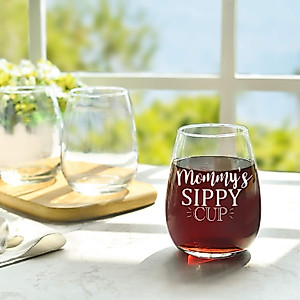 Mommy's Sippy Cup Stemless Wine Glass 15oz Funny Wine Glass, Gift Idea for Mother's Day Birthday Christmas, Wine Gifts for Mom, Women, New Mom, Pregnant Mom