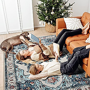 Area Rug Living Room Rugs: 8x10 Washable Large Carpet Boho Oriental Persian Distressed Bohemian Non-Slip Area Rugs for Dining Room Farmhouse Bedroom Office Home Decor Cream/Blue