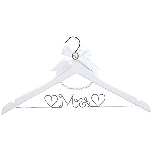HUIDIAN White Solid Wood Bridal Dress Hanger with Lady Wire Lettering for Bridal Wedding Party Gift (Silver Thread and Pearl Chain White Hanger)