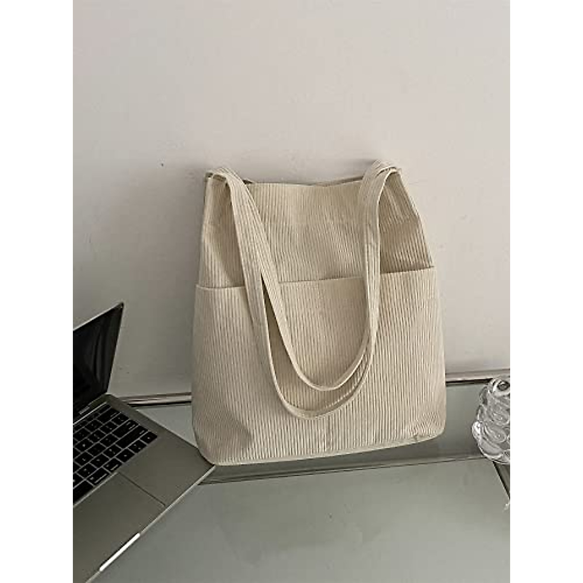 SHENHE Women's Corduroy Double Handle Big Canvas Shoulder Bags Tote Handbags with Pockets Beige One Size