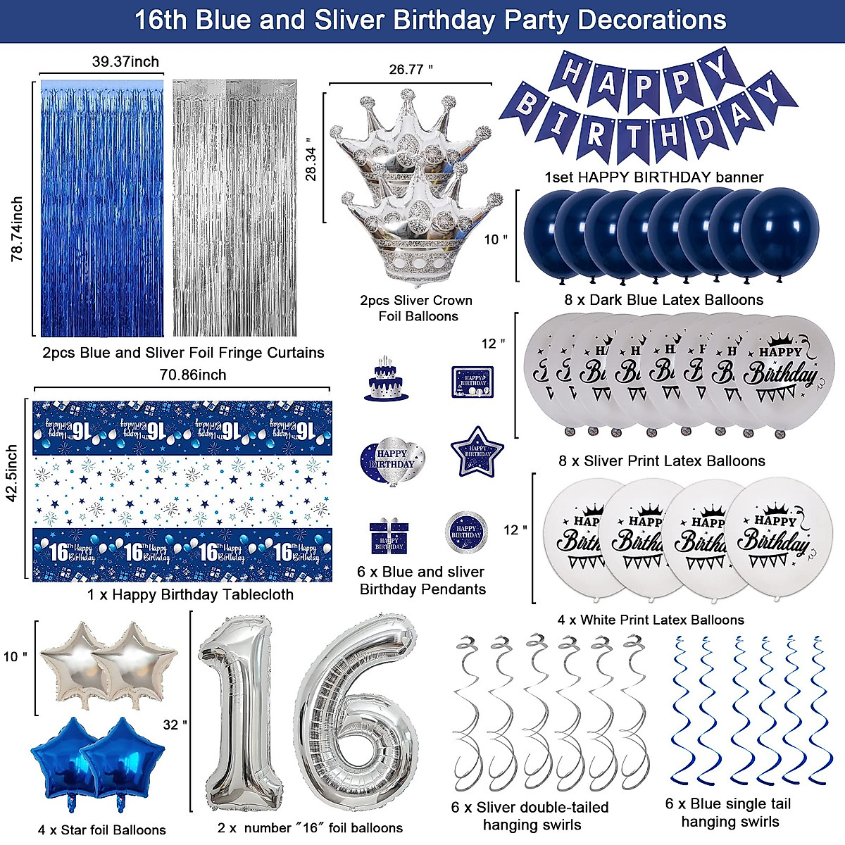 16th Birthday Decorations for Boys/Girls - Sweet 16 Birthday Decorations Blue and Silver Including HAPPY 16th BIRTHDAY Banner Balloons Tablecloth- 16 Years Old Birthday Party Supplies