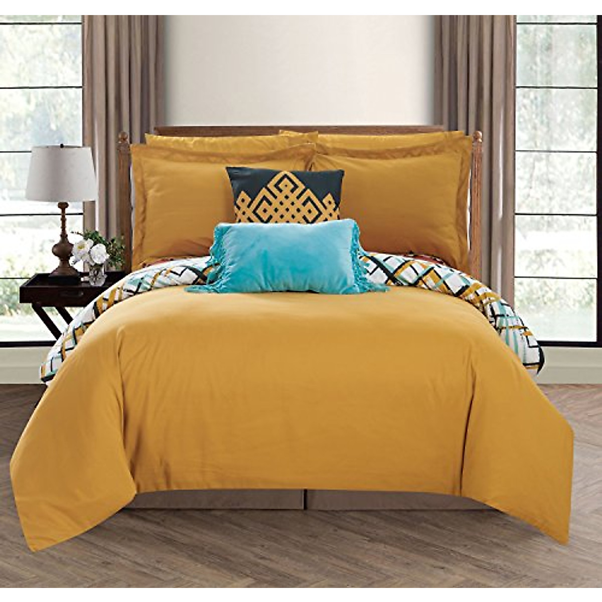 Chic Home Abstract 7 Piece Reversible Comforter Print Design Bed in a Bag-Sheet Set Decorative Pillows Shams Included/XL Size, Twin, Gold