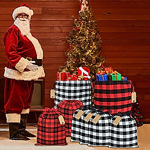 YQL Buffalo Plaid Drawstring Bags, 9Pcs Soft Flannel Christmas Gift Bags Assorted Sizes Christmas Fabric Bags Reusable Christmas Gift Bags for Christmas Package Birthday Holiday Party(Red&Black)