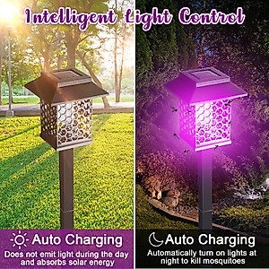 Qualirey 4 Pcs Solar Bug Zapper 2 in 1 Waterproof Mosquito Killer Lamp with Purple and White Light Outdoor Solar Insect Trap Black Fly Repellent Light for Patio Yard Garden Pathway