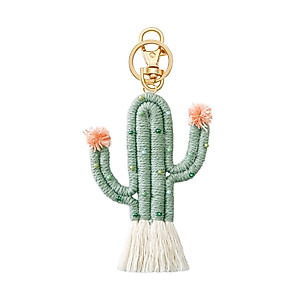 ZOONAI Women Girls Weaving Cactus Tassel Keychain Bag Keyring Holder Wallet Purse Pendant Decorations (A-Light Green)