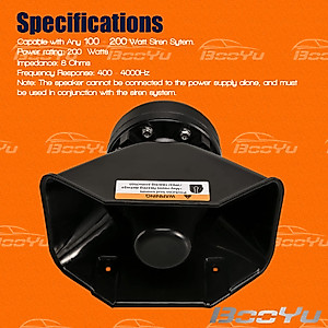 BooYu 200W High-Performance PA Siren Horn Speaker [180 Degree Design] [8 Ohms] [125-135 dB] [IP66 Waterproof] [Compatible with 100-200 Watt Siren] for Police car, Ambulance, fire, Engineer Vehicles