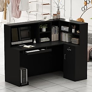 AGOTENI Reception Desk Reception Stations with Open Shelf & Drawers, L Shape Reception Table Wooden Computer Desk for Office Reception Room, Black