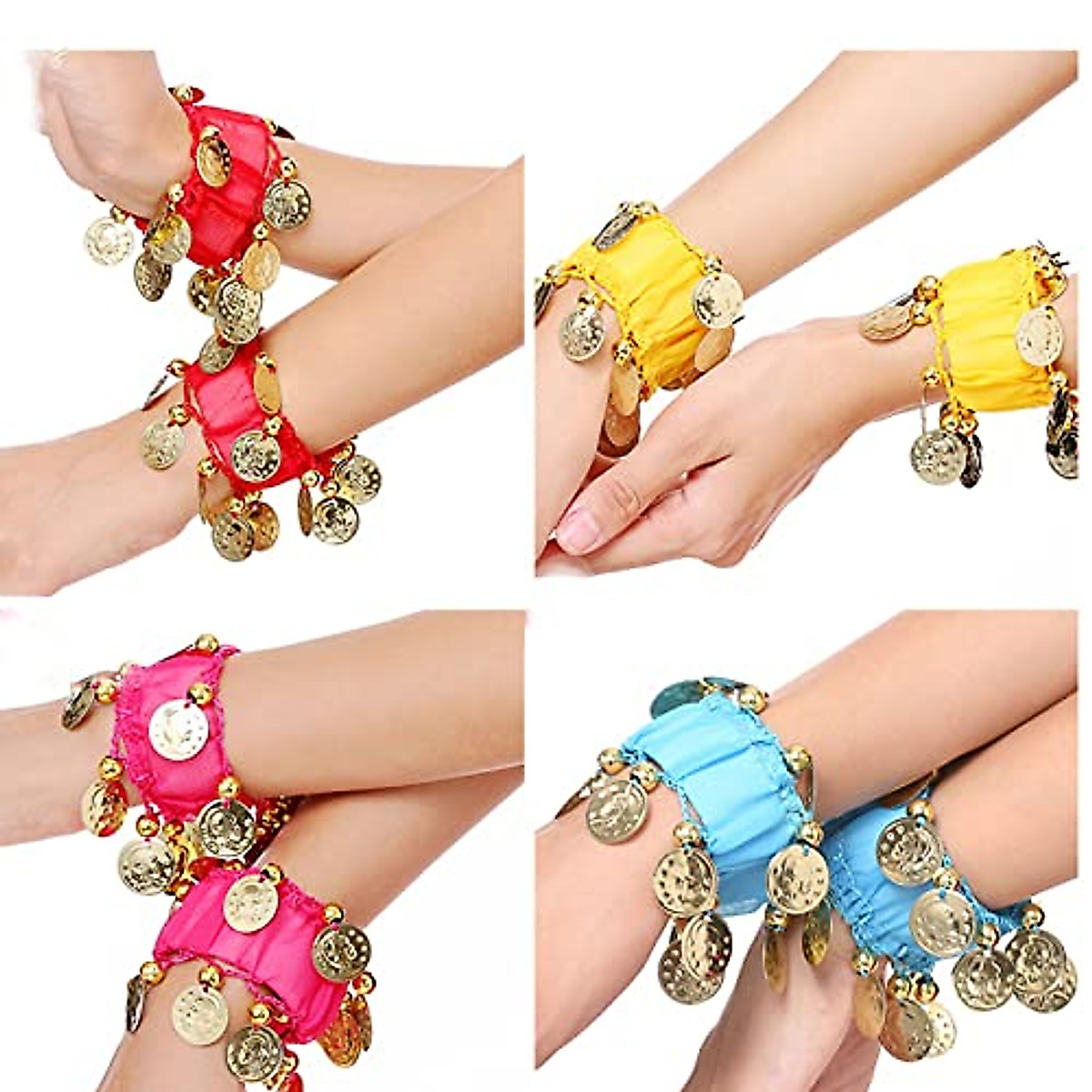 NUANNUAN 10 Pairs Belly Dance Wrist Cuff Ankle Chiffon Bracelet Band with Coin, Stretchy Belly Dance Bracelets Bangle Gypsy Jewelry Costume Accessory for Women Girl Halloween Drama Actors