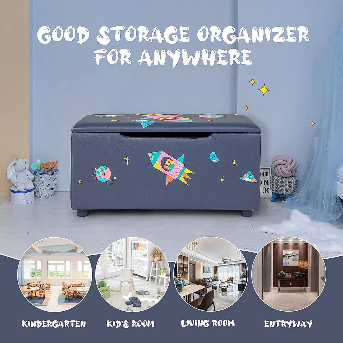 HONEY JOY Kids Wooden Toy Box, 2 In 1 Large Toy Storage Chest with Padded Cushion Seat, Carry Handles, Faux Leather Toddler Toy Storage Bench for Nursery, Bedroom, Playroom (Astronaut)