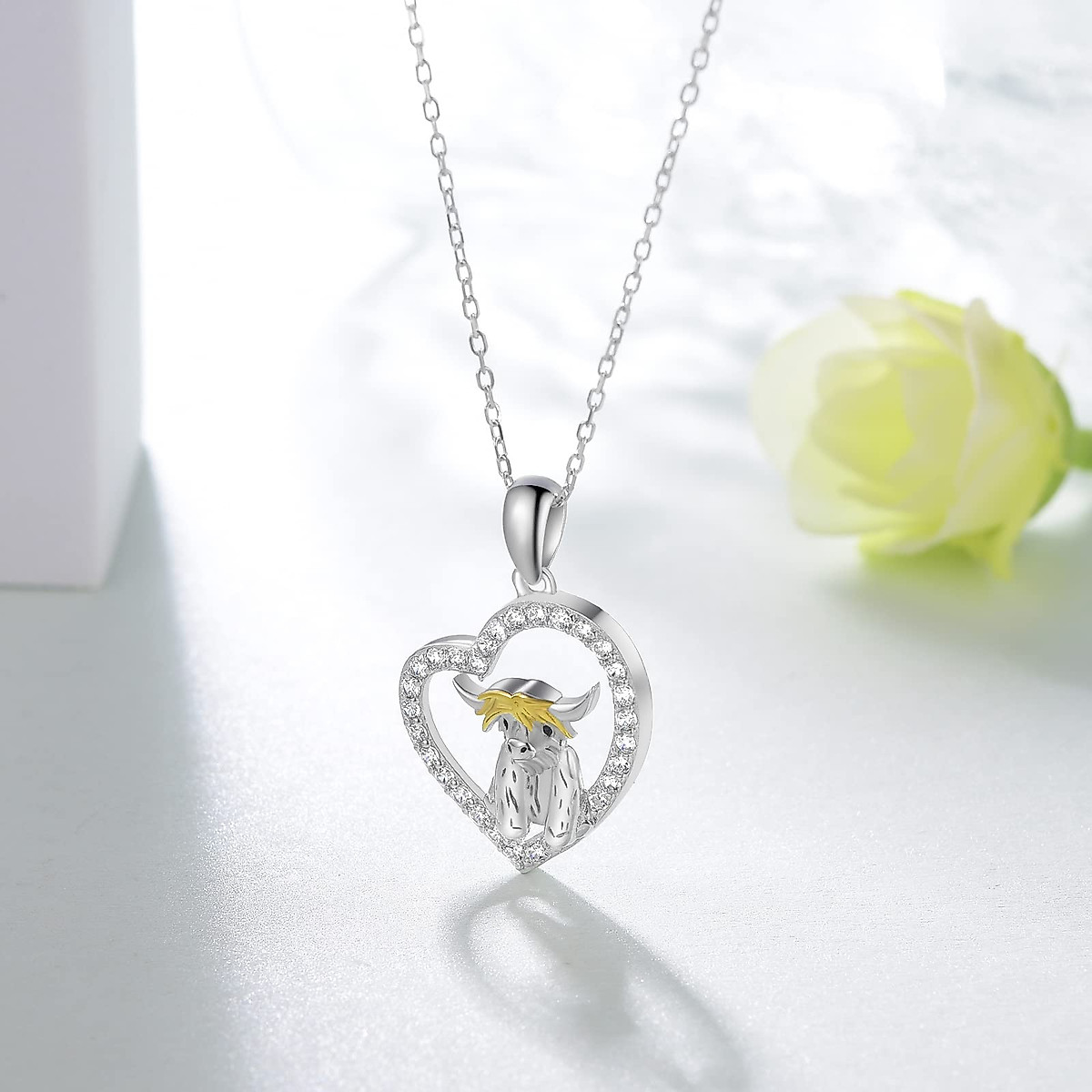 CVRAVO Animal Necklace for Women Sterling Silver Highland Cow Necklace Cute Heart Cow Pendant Necklace Jewelry Birthday Gifts for Women Wife