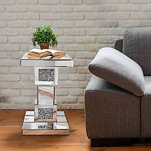 GA Home Silver Mirrored End Table with Crystal Inlay, Modern Mirrored Side Table Accent Table, Square Small Mirrored Coffee Table for Living Room, Bedroom