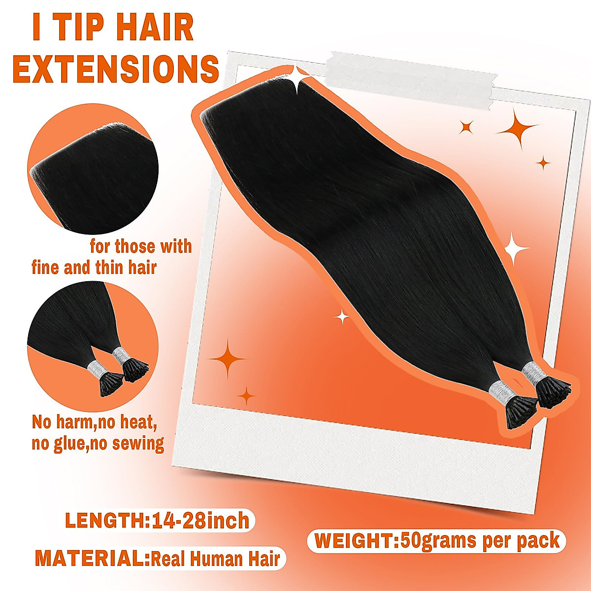 Sunny Hair 22inch I Tip Hair Extensions Human Hair Black Itip Human Hair Extension Jet Black I Tip Hair Extensions Black for Party Itips for Women Tip Hair Extensions Add Length 50G 50S