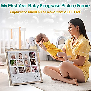 1Dino My First Year Baby Keepsake Picture Frame - 13.2"x 13.2" Rustic Wood Baby Frame Hold 12 Months Photo Inserts - Newborn Baby Registry, Shower Gift for Boys and Girls, Wall or Desk Nursery Decor