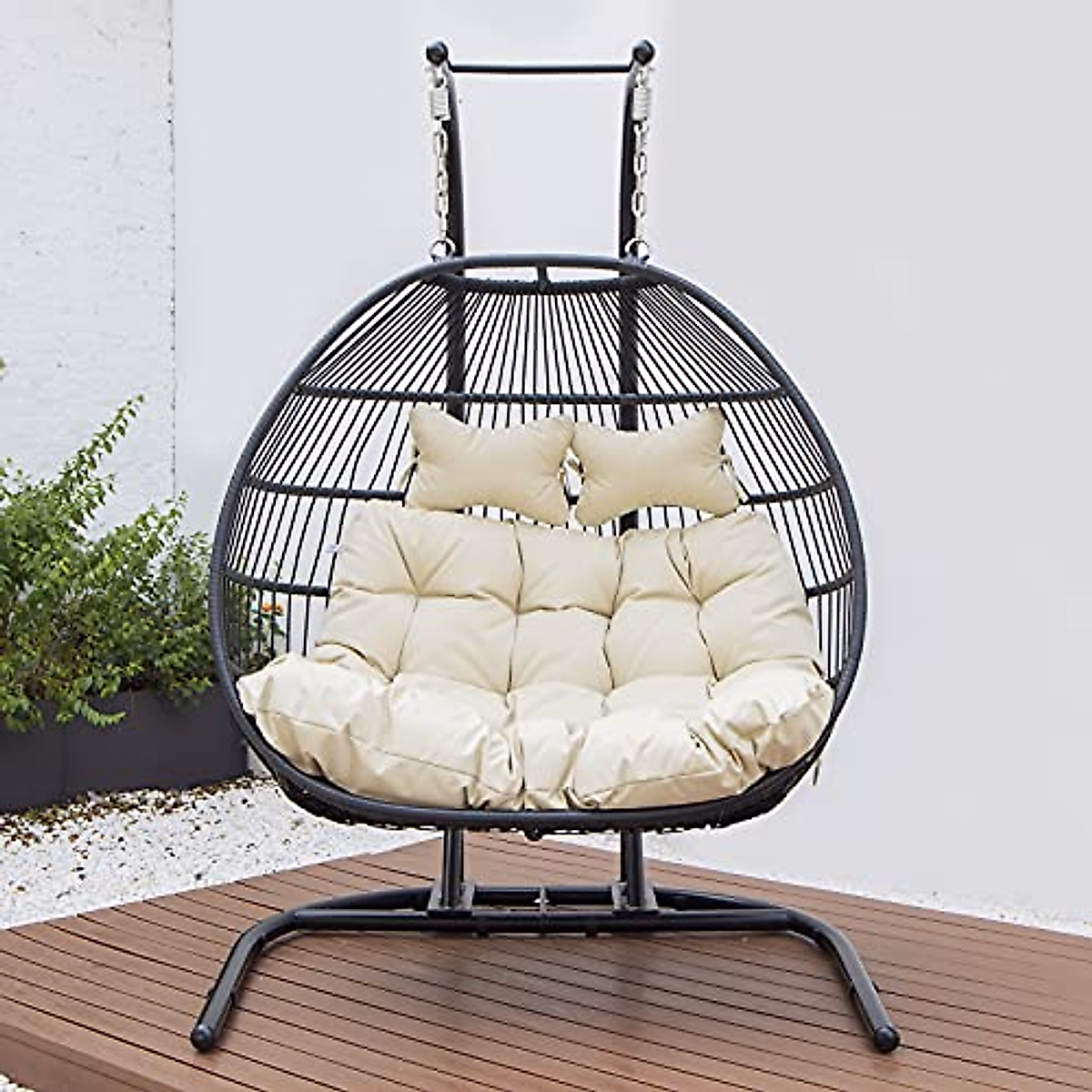 LeisureMod Wicker 2 Person Double Folding Hanging Egg Swing Chair (Beige)
