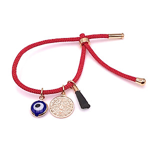 18K Gold Plated Saint Benedict Red String Bracelet Adjustable Charm Evil Eye & Dainty Genuine Azabache Hand