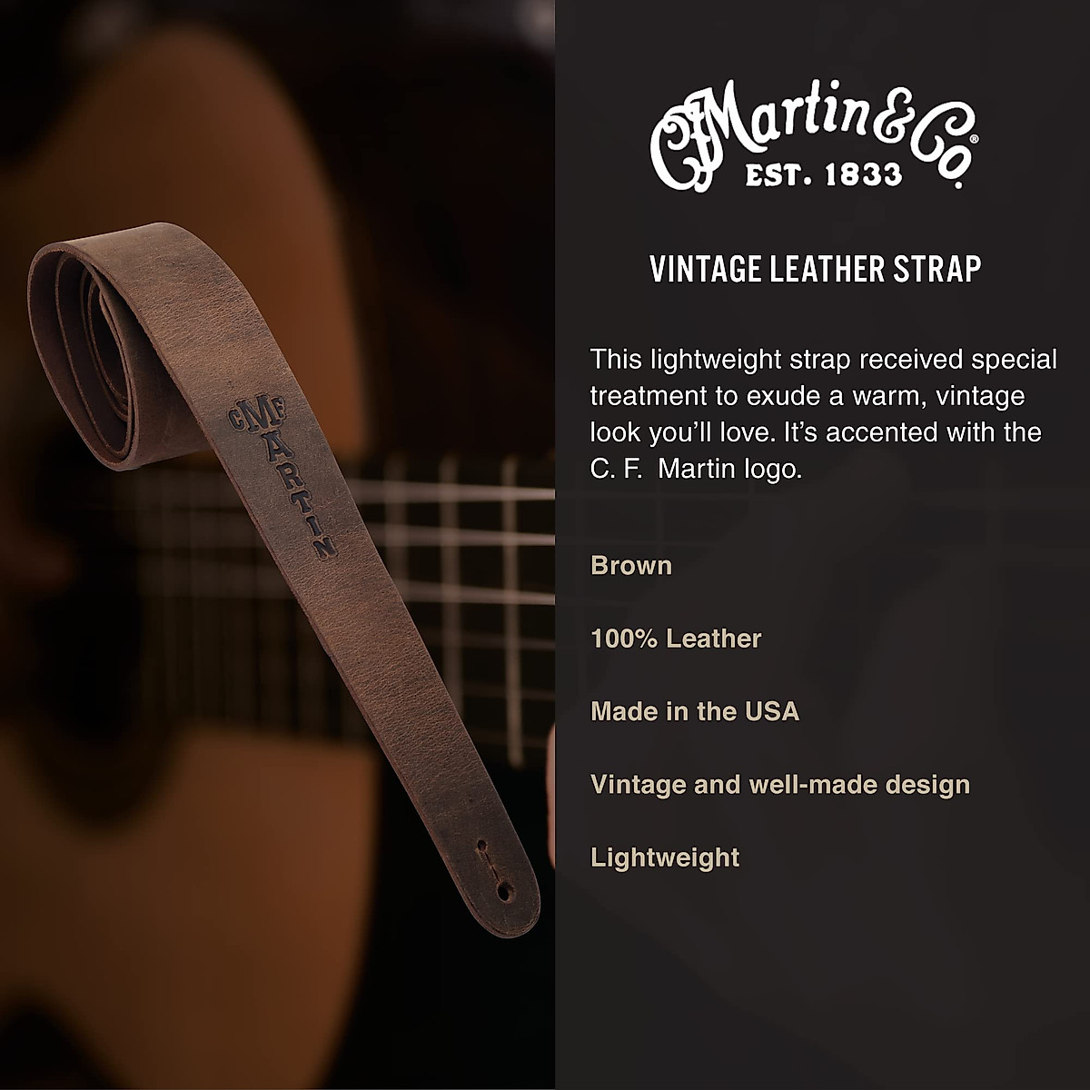 Martin C.F 18A0065 2 1/8" Leather Guitar Strap, Brown