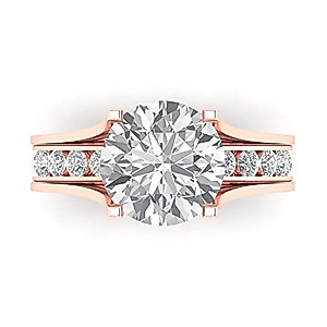 3.39 ct Round Cut Clear Simulated Diamond 14k Rose Gold Solitaire W/Accents Wedding Engagement Bridal Ring Band Set Sz 10.75