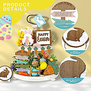 Patelai 12 Pcs Easter Tiered Tray Decor Set Rustic Easter Decorations for Tiered Tray Bunny Farmhouse Tiered Tray Items Easter Egg Rabbits Carrots Wood Sign Happy Easter Decoration for Indoor Home