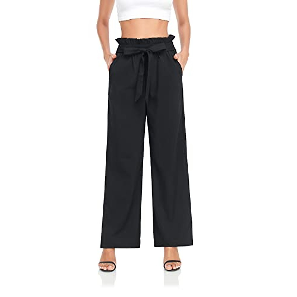 DIBOYU Women's Pants High Waist Palazzo Casual Wide Leg Pant Elastic Waist Pockets Pants with Belt XBK_XL Black