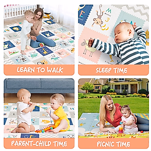 Baby Play Mat, 79 x 71 x 0.4 Inch Folding Baby Crawling Mat, Waterproof Reversible Playmat for Baby Infants Toddlers, Foam Play Mat for Indoor Outdoor Use (Animal Party)
