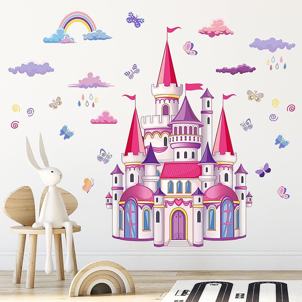 Pinenjoy Cartoon Castle Wall Decal Colorful Rainbow Clouds Butterfly Wall Stickers 39x30inch Fantasy Removable Self-Adhesive Vinyl Wall Clings for DIY Girls Bedroom Nursery Classroom Living Room