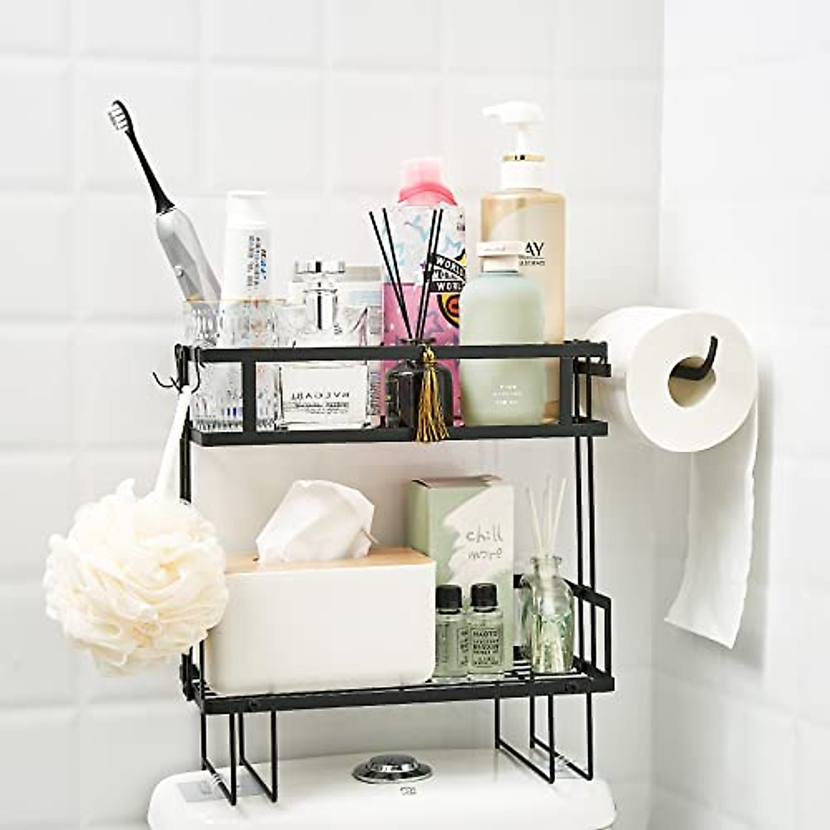 Bathroom Storage Shelf Over Toilet Organizer 2 Tier Storage Rack with Paper Holder Hooks Space Saver for Home Black