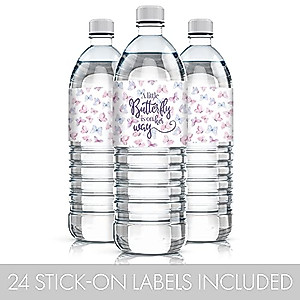 Butterfly Girl Baby Shower Water Bottle Labels - A Little Butterfly is on Her Way - It's a Girl Pink and Purple Waterproof Wrappers - 24 Count
