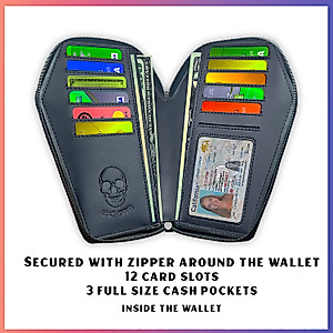 Lazy Skull Zip Around Coffin Wallet – Cute Witchy Wallet for Women with Skull and Bat Design– Goth Accessory Wallet – Horror Coffin Purse– Spooky Halloween Gothic Wallet with Wristlet Strap