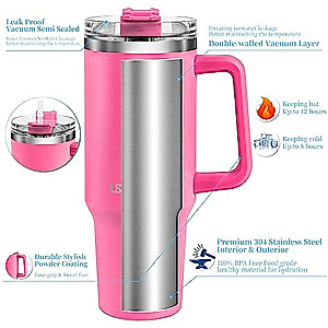 LSVUQED Tumbler With Handle 40 oz Travel Mug Straw Covers Cup with Lid Insulated Stainless Steel Water Iced Tea Coffee Gift .(Pink)